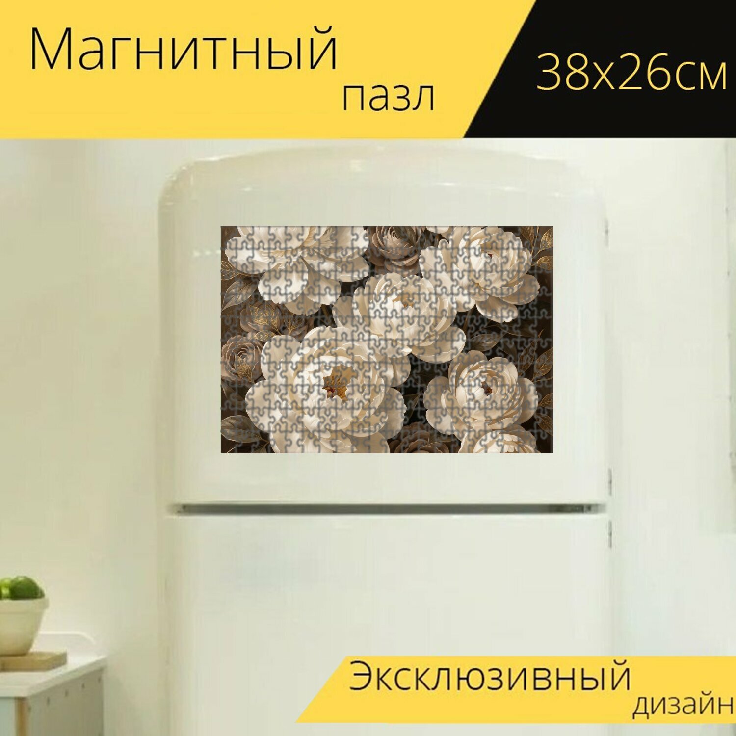 Магнитный пазл "Белые пионы и золотые листья. Нежная флористическая композиция с крупными кремовыми цветами, бархатистыми бутонами и мерцающей листвой." для интерьера, 38х26 см.