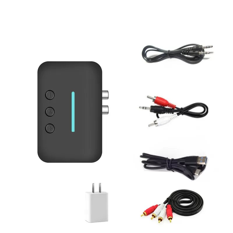 Bluetooth 5.3 Приемник-Адаптер с RCA-выходом, AV-кабелем, двумя RCA-кабелями и блоком питания для стерео-звучания без