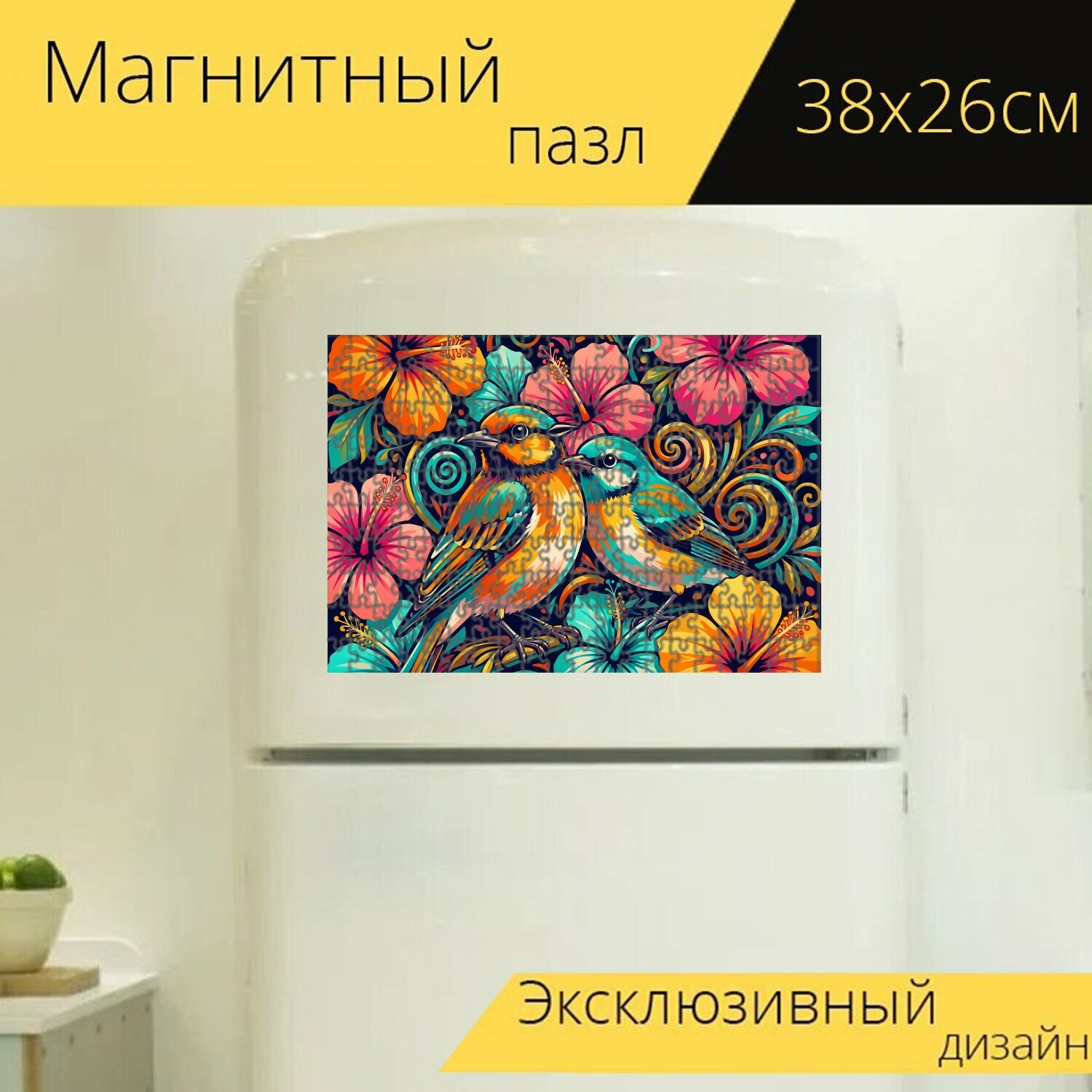 Магнитный пазл "Яркие птицы среди тропических цветов. Две декоративные птички в окружении пышных гибискусов, листьев и завитков. Яркий неоновый поп-арт." для интерьера, 38х26 см.