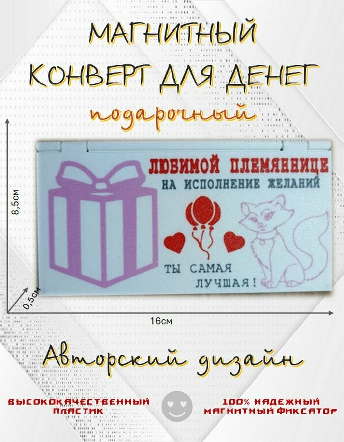 Конверт для денег магнитный. Подарок на день рождения племяннице. Для купюр