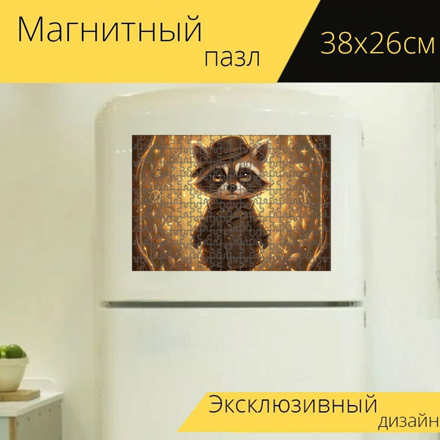 Магнитный пазл "Енот в плаще и шляпе. Милый пушистый зверёк в винтажном пальто и фетровой шляпе, тёплое золотистое свечение, сказочная иллюстрация с." для интерьера, 38х26 см.