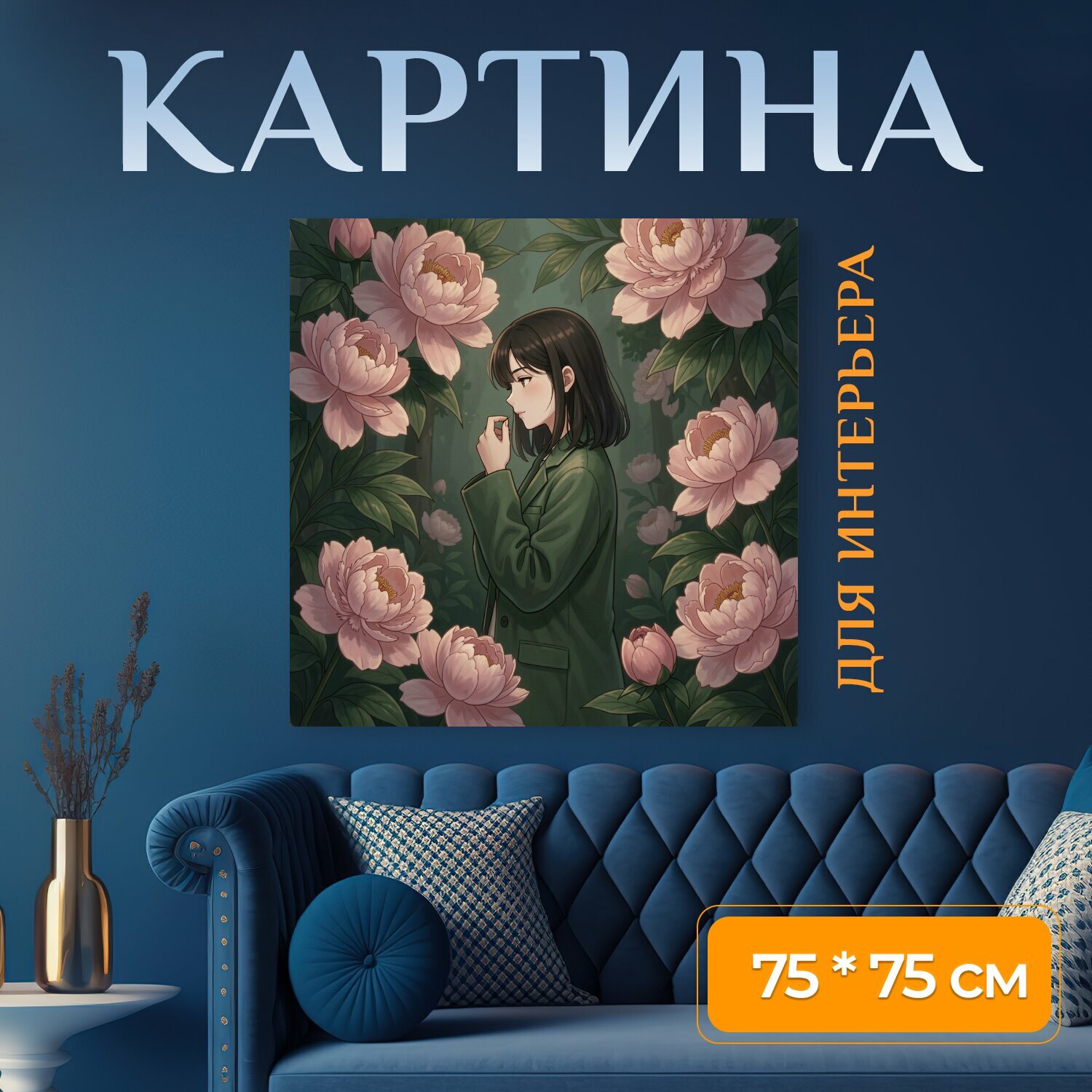 Картина на холсте "Девушка среди розовых пионов. Нежная аниме-иллюстрация: юная брюнетка в зеленом одеянии среди крупных пастельно-розовых." на подрамнике 75х75 см. для интерьера
