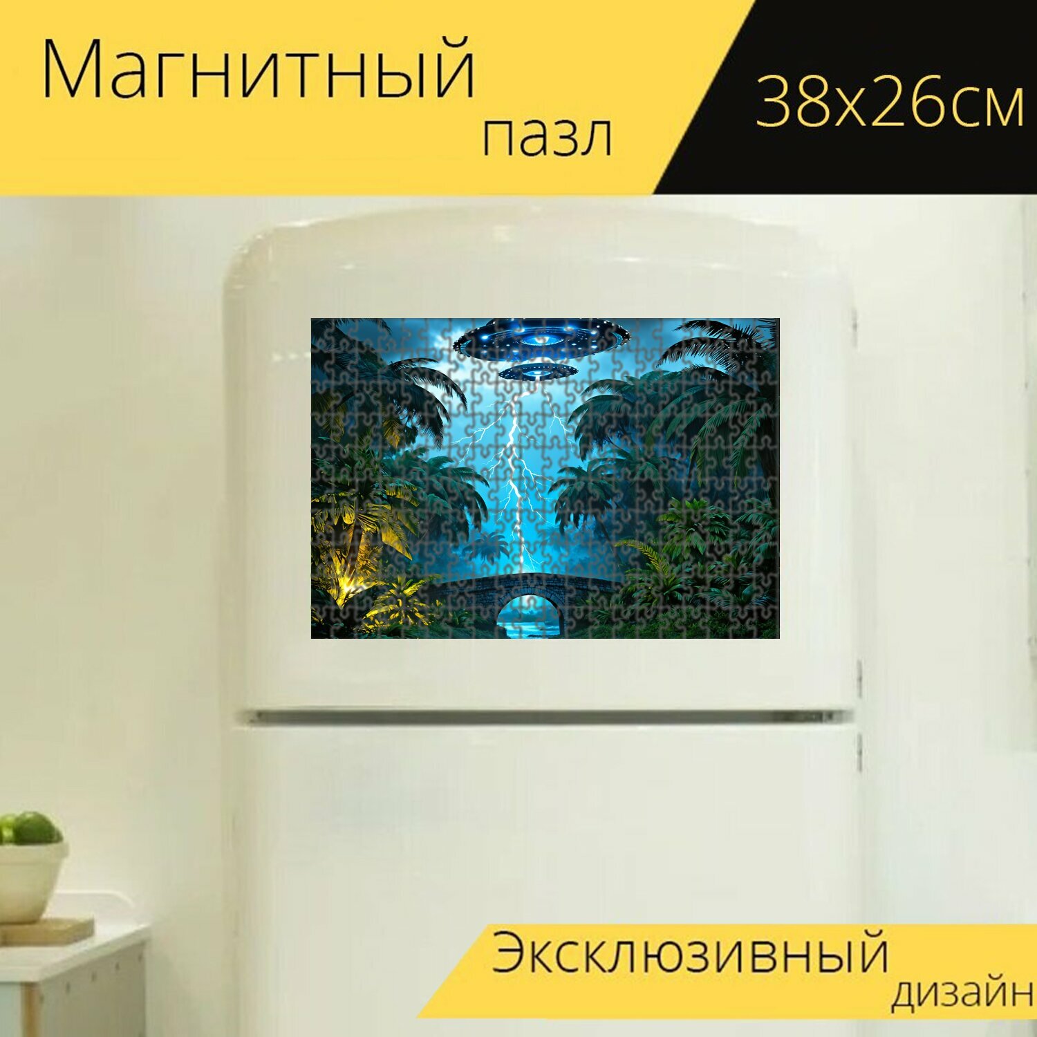 Магнитный пазл "Футуристическая сцена с тремя НЛО, парящими над тропическим лесом в яркую грозу. Мрачные облака, сверкающие молнии, и освещенные НЛО с." для интерьера, 38х26 см.