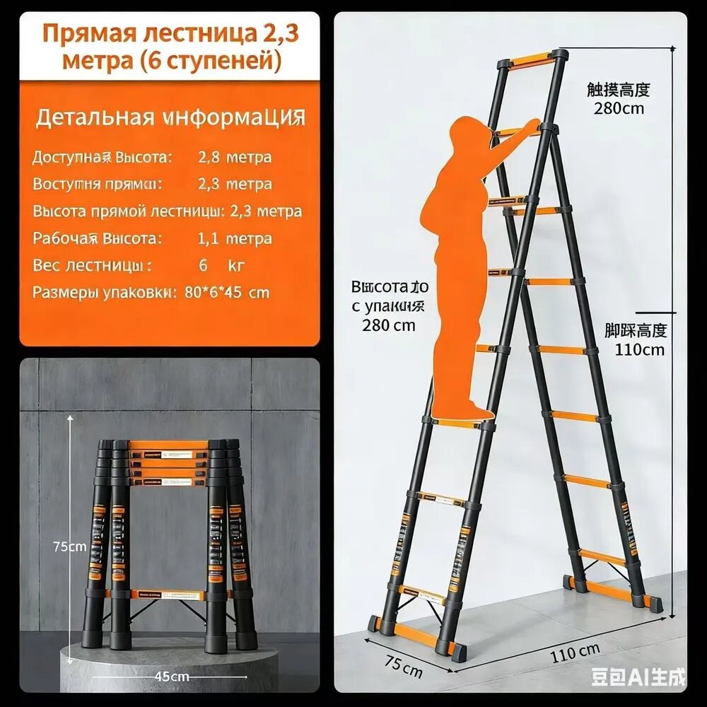 Телескопическая прямая лестница 2.3 м, досягаемая высота 2.8м