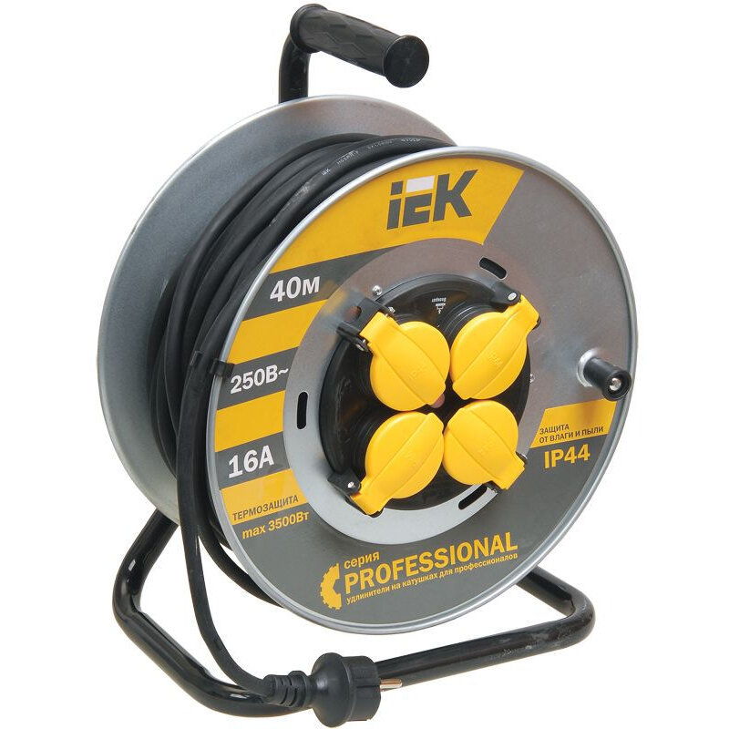 Катушка УК40 4 места IP44 с заземлением с термозащитой КГ 3х2,5мм2 на металлическом барабане Professional 40м, IEK WKP17-16-04-40-44 (1 шт.)