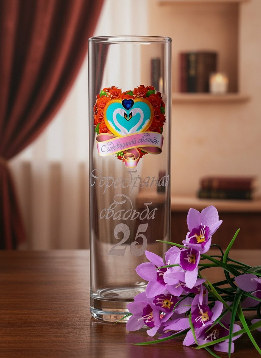 Стеклянная ваза 25 лет - серебряная свадьба