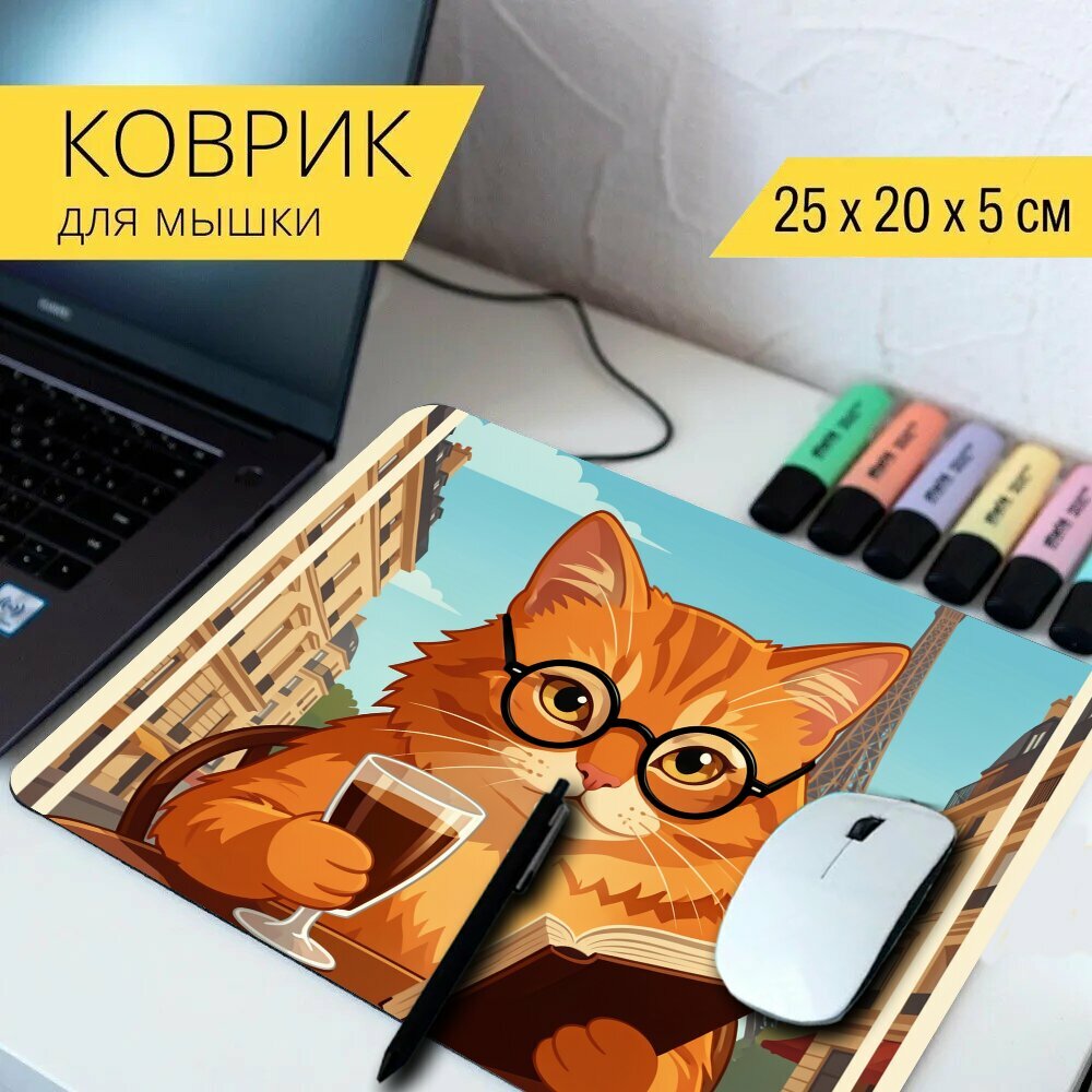 Коврик для мыши с принтом "Кот-читатель с бокалом у Эйфелевой башни. Очаровательный рыжий кот в круглых очках сидит за столиком с бокалом напитка и открытой книгой на фоне." 25x20см.