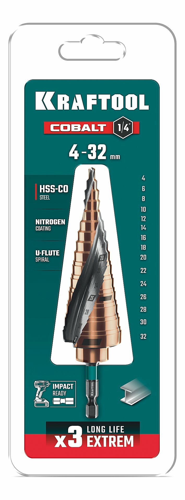KRAFTOOL COBALT 4-32мм, 15 ступеней, азотирование, винтовая спираль, сверло ступенчатое(29691-4-32-15)