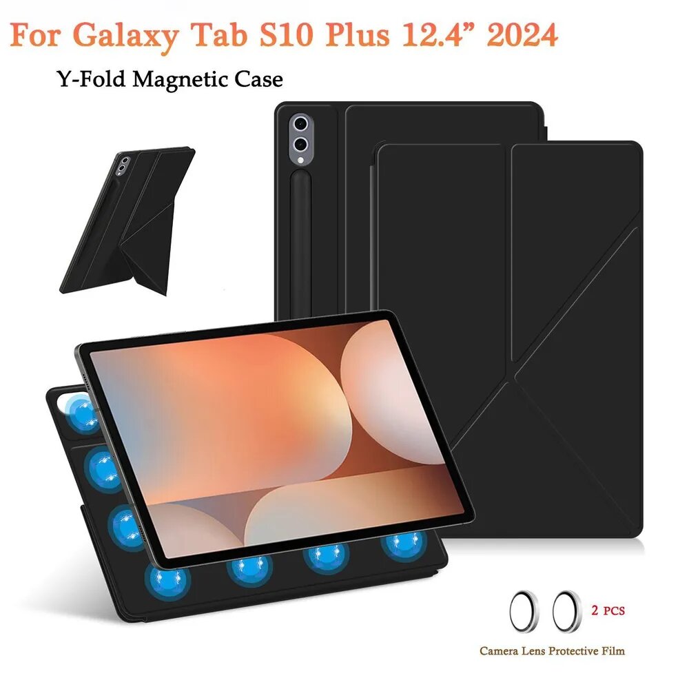Чехол для Samsung Galaxy Tab S10 Plus, Tab S9+, S9 FE Plus (X810, X816B, X818U, X820, X610) 12.4", Y-образный трехскладной магнитный чехол, гнездо для стилуса