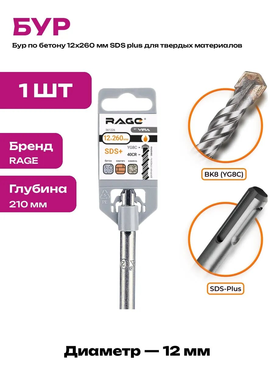 Сверло по бетону 12х260 мм SDS plus для камня и кирпича VIRA