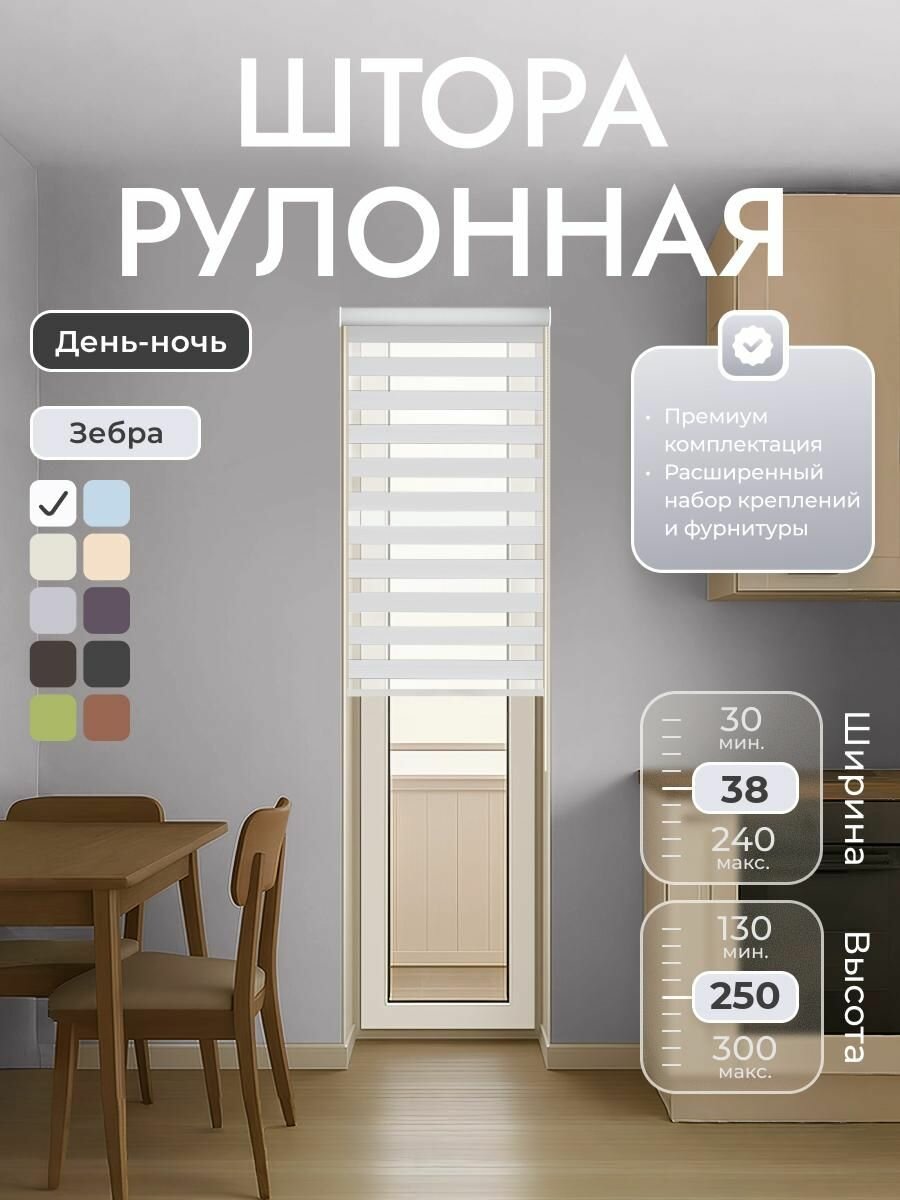 Рулонные шторы 38х250 см день/ночь (зебра), Белый, комплектация Mini