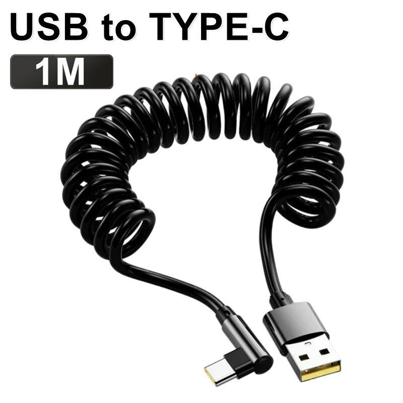 Спиральный USB-C кабель 1м, 90° колено, USB A to C
