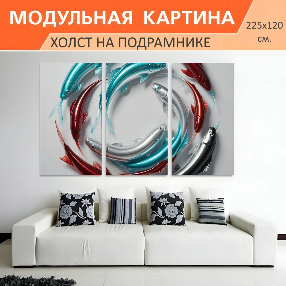 Модульная картина на холсте "Абстрактные рыбы в круговом движении. Шесть глянцевых морских обитателей в бирюзовых, красных." триптих на подрамнике 225х120 см. для интерьера