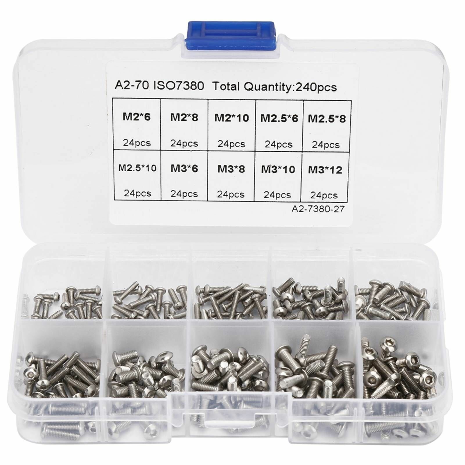 240 шт. комплект винтов M2*6/M2*8/M2*10/M3*6/M3*8/M3*10/M3*12/M2.5*6/M2.5*8 - нержавеющая сталь, с hex-головкой