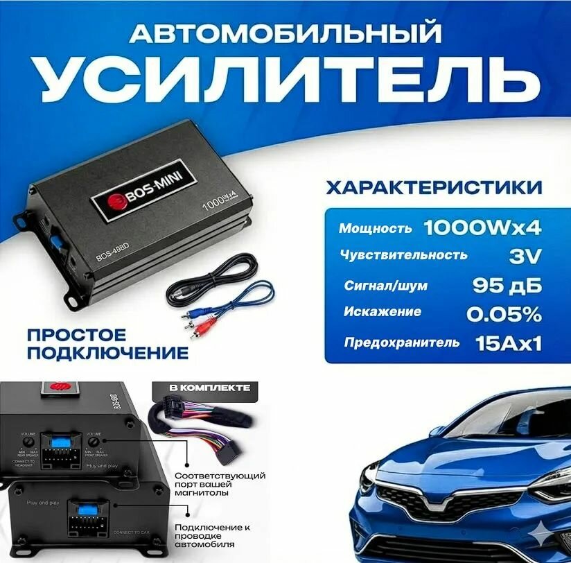 Усилитель для андроид магнитолы 4 канальный BOS-MINI BOS-468D, DSP, 4x1000W