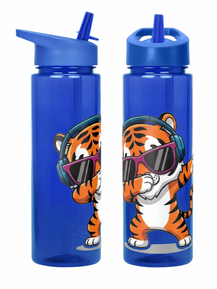 Бутылка синяя для воды с принтом Тигр в наушниках дэб / Dabbing Tiger Headphones