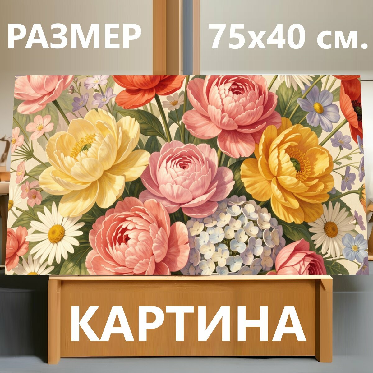 Картина на холсте "Пышный букет садовых цветов. Богатая флоральная композиция с пионами, маками, ромашками и гортензией в пастельных и ярких." на подрамнике 75х40 см. для интерьера