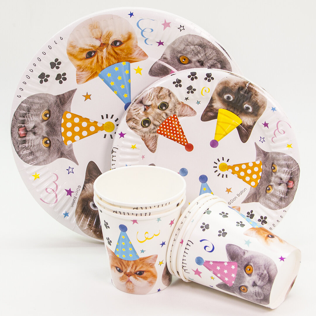 Набор одноразовой посуды Котики в колпачках на 6 персон: тарелки 18 см + стаканы 250 мл