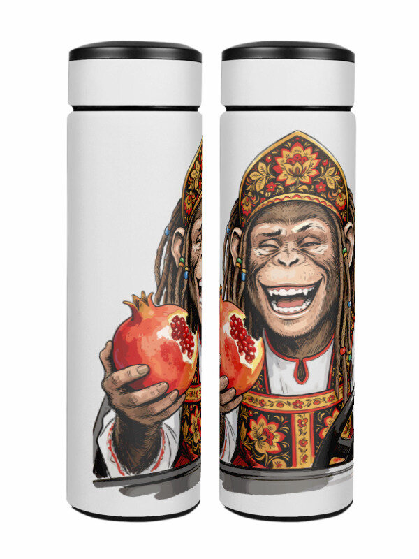 Термос «Обезьяна с гранатом за рулем, хохлома скетч» (белый)