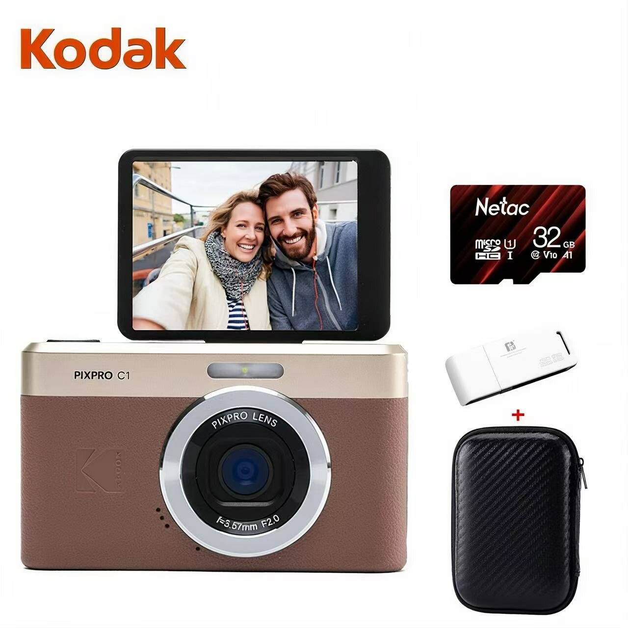 Цифровая камера Kodak C1, HD, ультратонкая, с экраном, 32 GB, комплект с сумкой, коричневый цвет