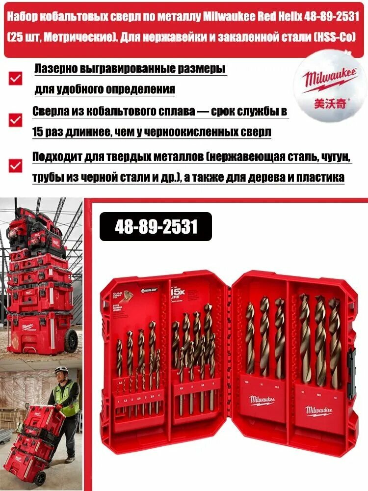 Набор кобальтовых сверл по металлу Milwaukee Red Helix 48-89-2531 (HSS-Co), 25 шт. Для нержавейки и закаленной стали