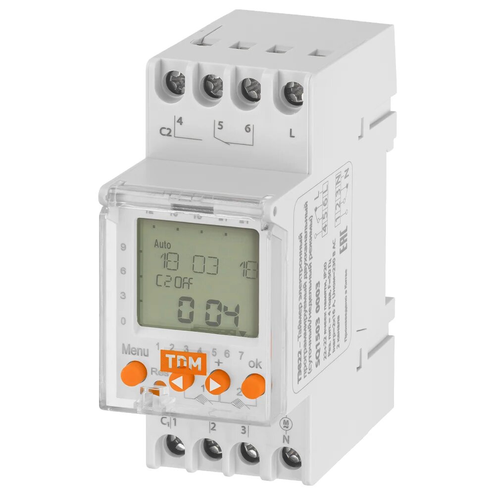 Электронный таймер TDM ELECTRIC ТЭ822, двухканальный недельный и суточный режим, DIN-рейка, защита IP20, серый корпус