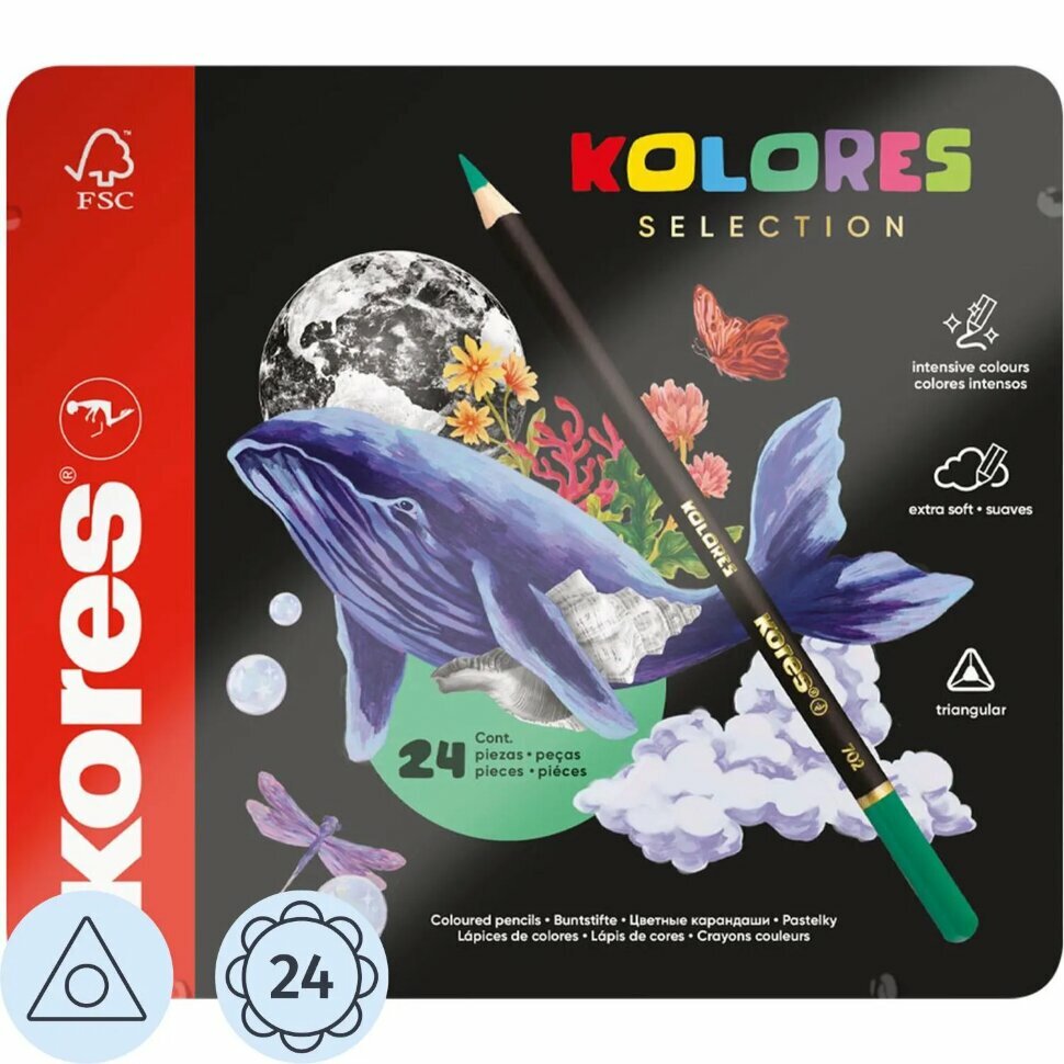 Карандаши цветные Kores Kolores 3-гран 3мм 24 цв/наб в металл. коробке 93325, 2007174