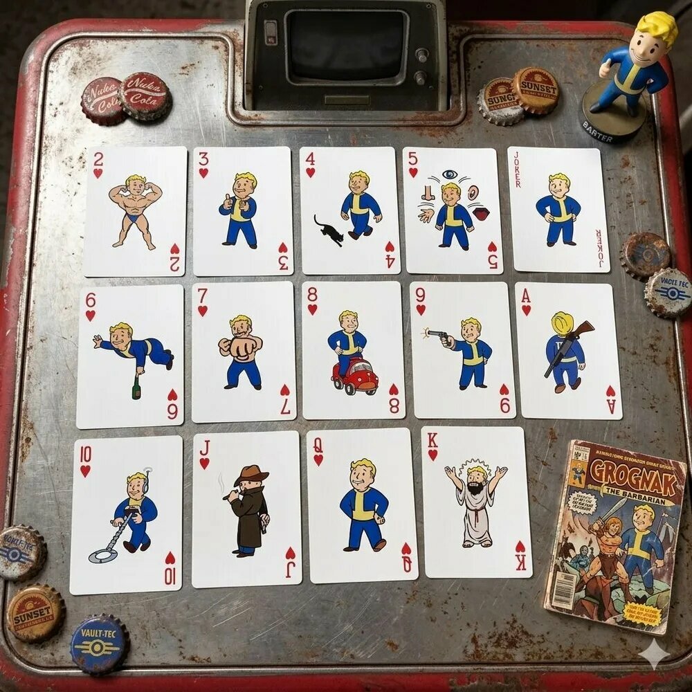 Коллекционные игральные карты Fallout (Фоллаут) Набор 54 шт. с Волт-Боем (Vault Boy) Подарок для фанатов и геймеров, мерч