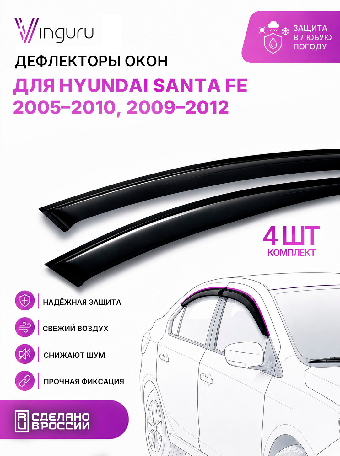 Дефлекторы окон Vinguru HYUNDAI Santa Fe 2005-2010, 2009-2012 /накладные/скотч/к-т 4 шт./литьевой поликарбонат / Хендай Санта Фе