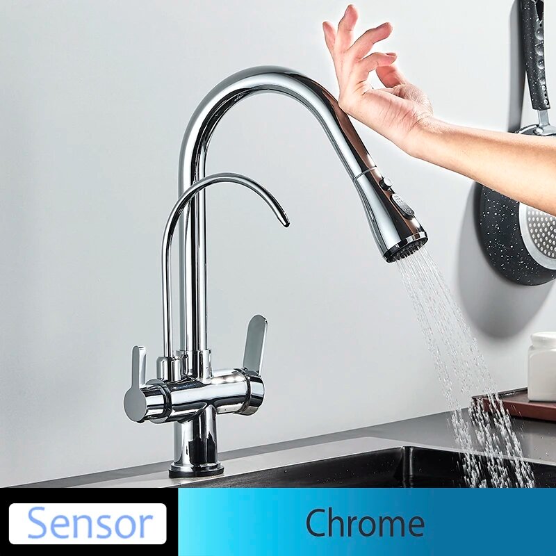 Кухонный кран Onyzpily Black Touch/NO Sensor с выдвижным шлангом, смеситель горячей и холодной воды, кран для чистой воды, монтируемый на раковину, с двумя ручками