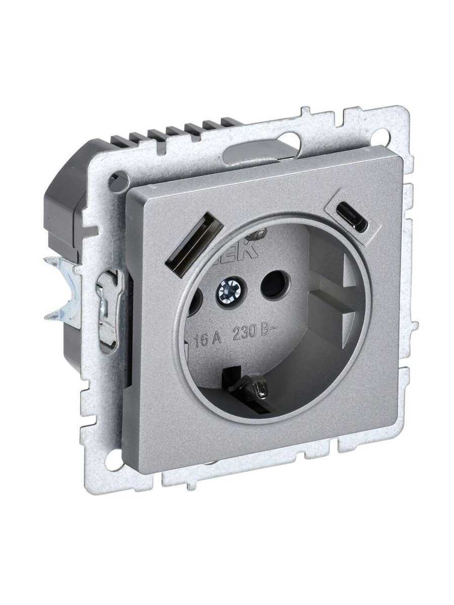 Розетка BRITE РЮш11-1-БрА 16А с USB A+C 18Вт с заземл. защ. шторки механизм алюм. IEK BR-R14-16-U22-018-K47