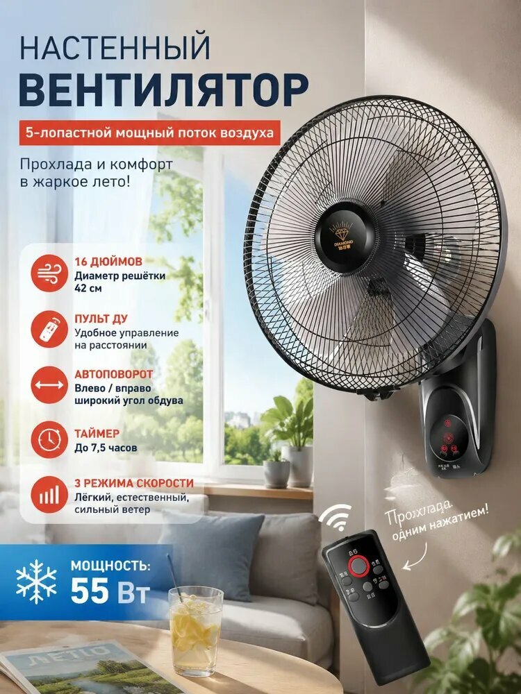 Настенный вентилятор 5 лопастей, пульт ДУ, 55 Вт, черный