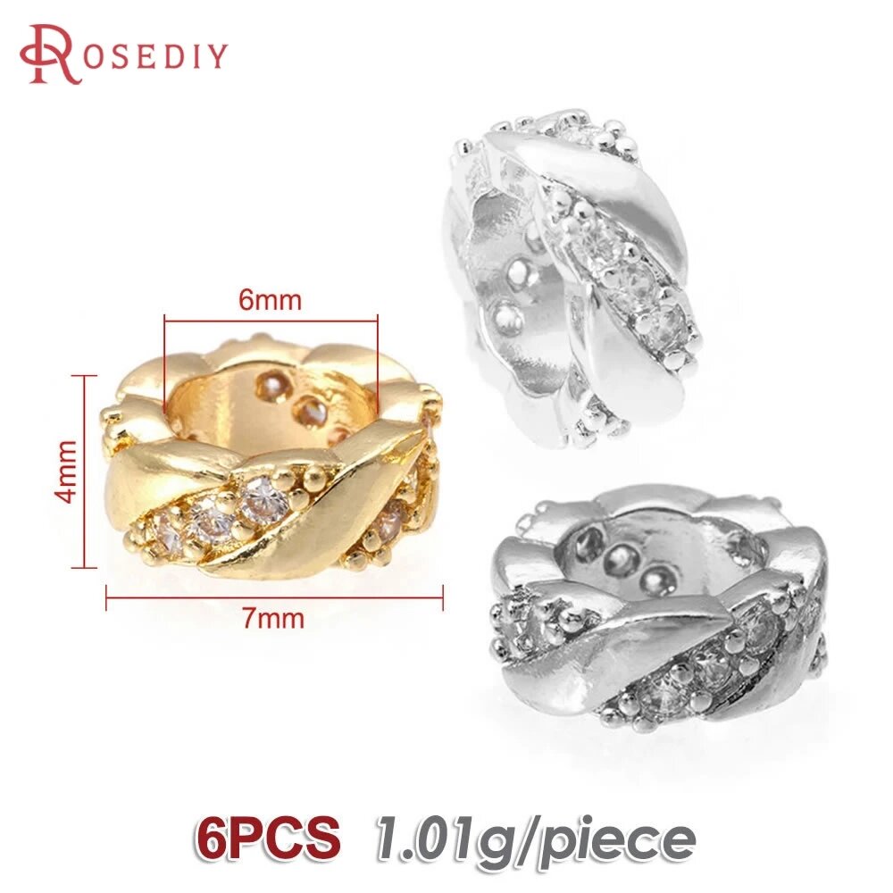 Бусины-разделители Rosediy из латуни с цирконами, цвет золота 18K Silver Color, 7MM 6PCS