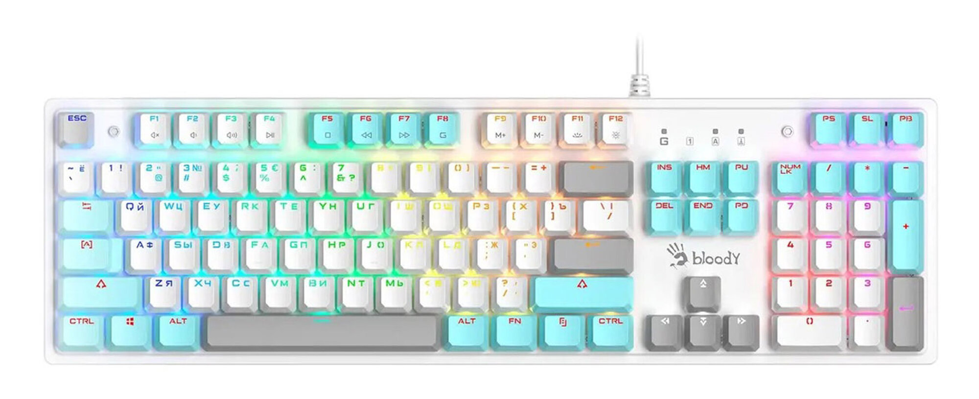 Игровая клавиатура A4Tech "Bloody S510N", 104 клавиши, механическая, подсветка, белая