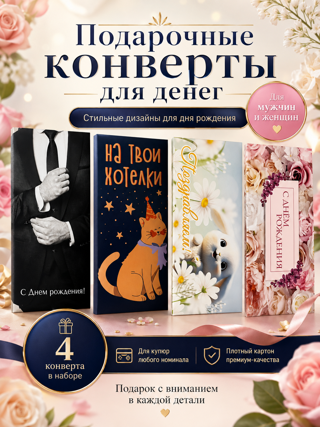 Подарочные конверты для денег, набор 4 шт, стильные конверты для мужчин и женщин