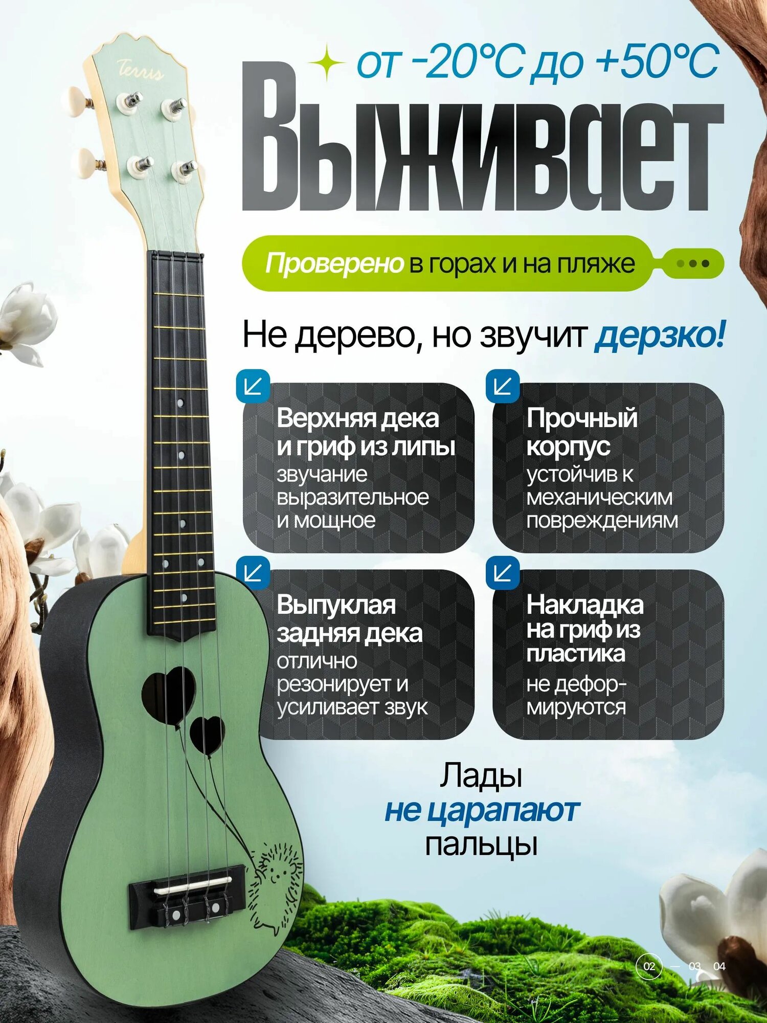 Укулеле сопрано TERRIS PLUS HARI: с уникальным дизайном, липа/пластик, для начинающих — фото 1