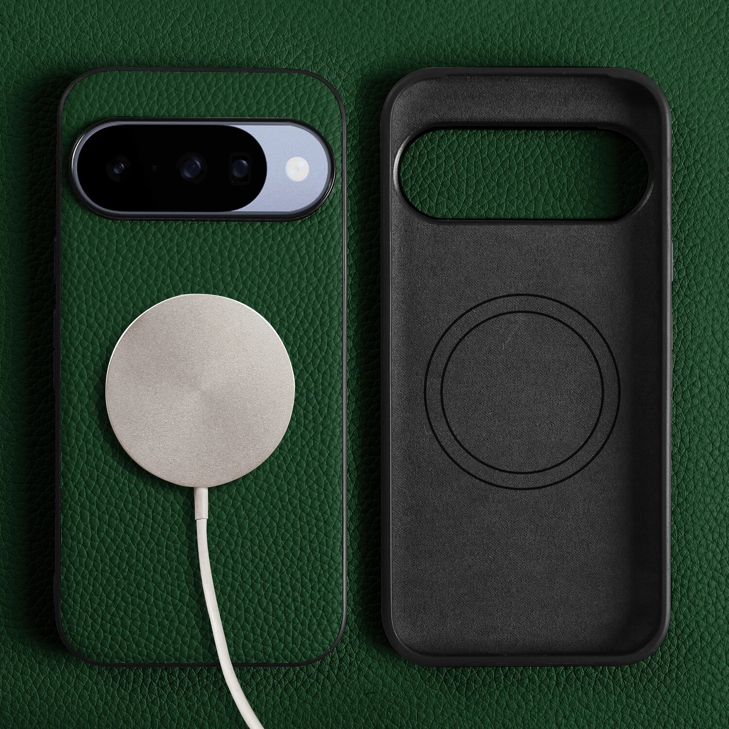 Чехол из натуральной кожи личи для Google Pixel 10 Pro XL Гугл Пиксель 9, Черный, Velvet Green 6211