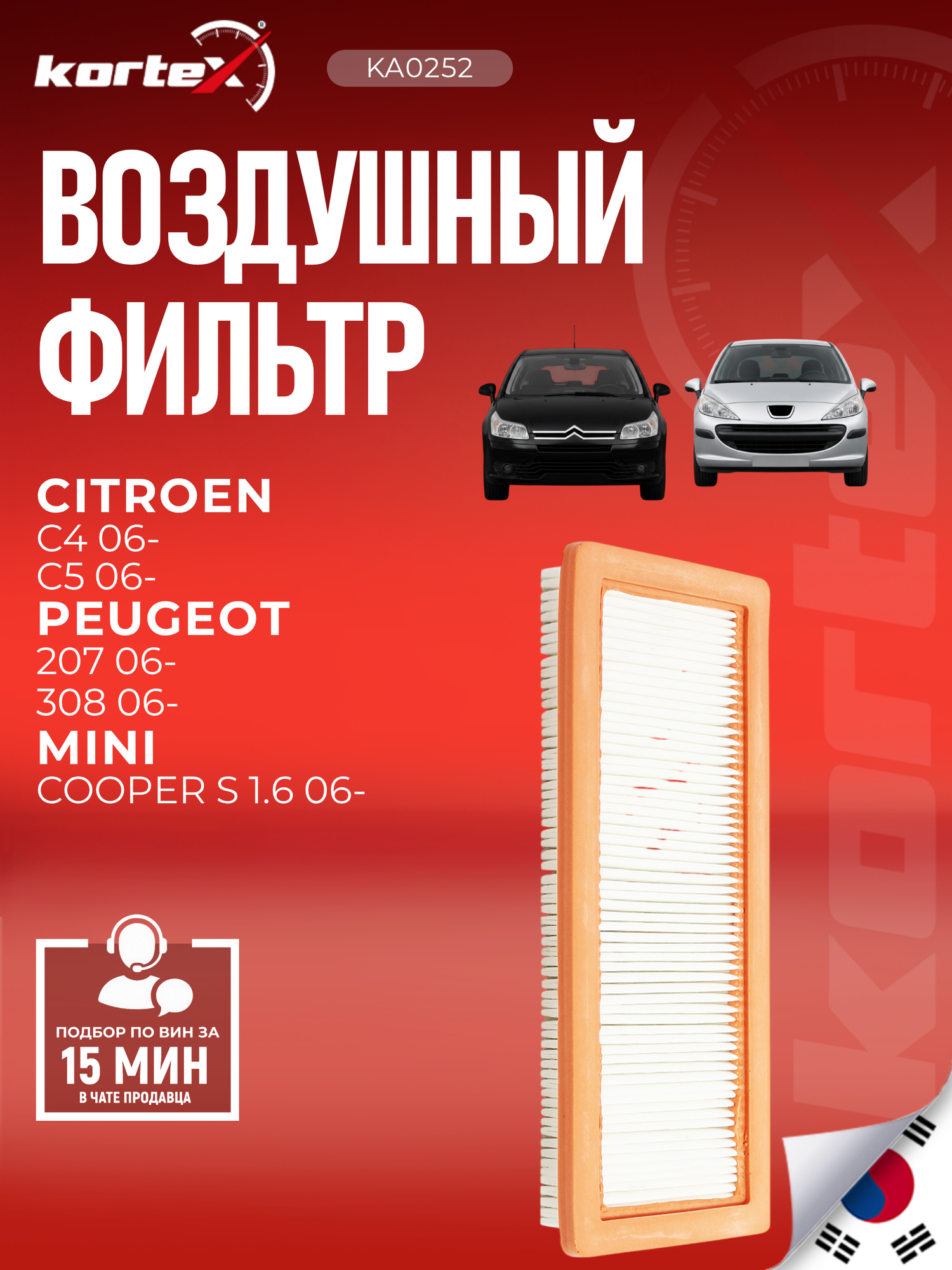 Фильтр воздушный для CITROEN C4 / C5 / PEUGEOT 207 / 308 / MINI COOPER S 1.6 06-