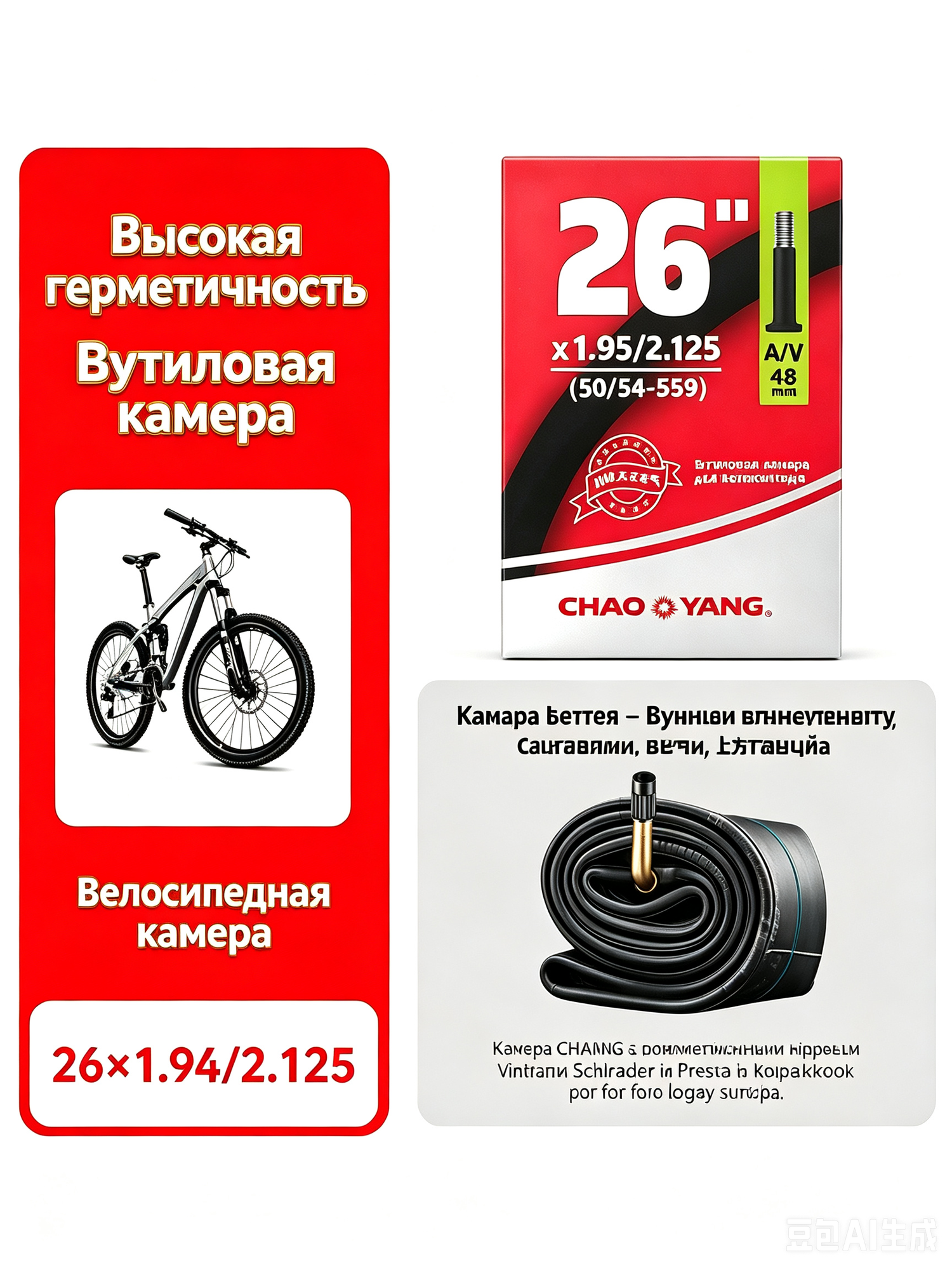 Велокамера CHAO YANG 26х1.95/2.125, бутил, герметичность, ниппель Schrader 48мм горник