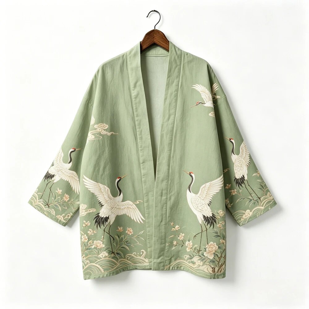 Хлопковое кимоно Wearyourface «Облака и журавли» Бежевый, XXXL, Haori Jacket13