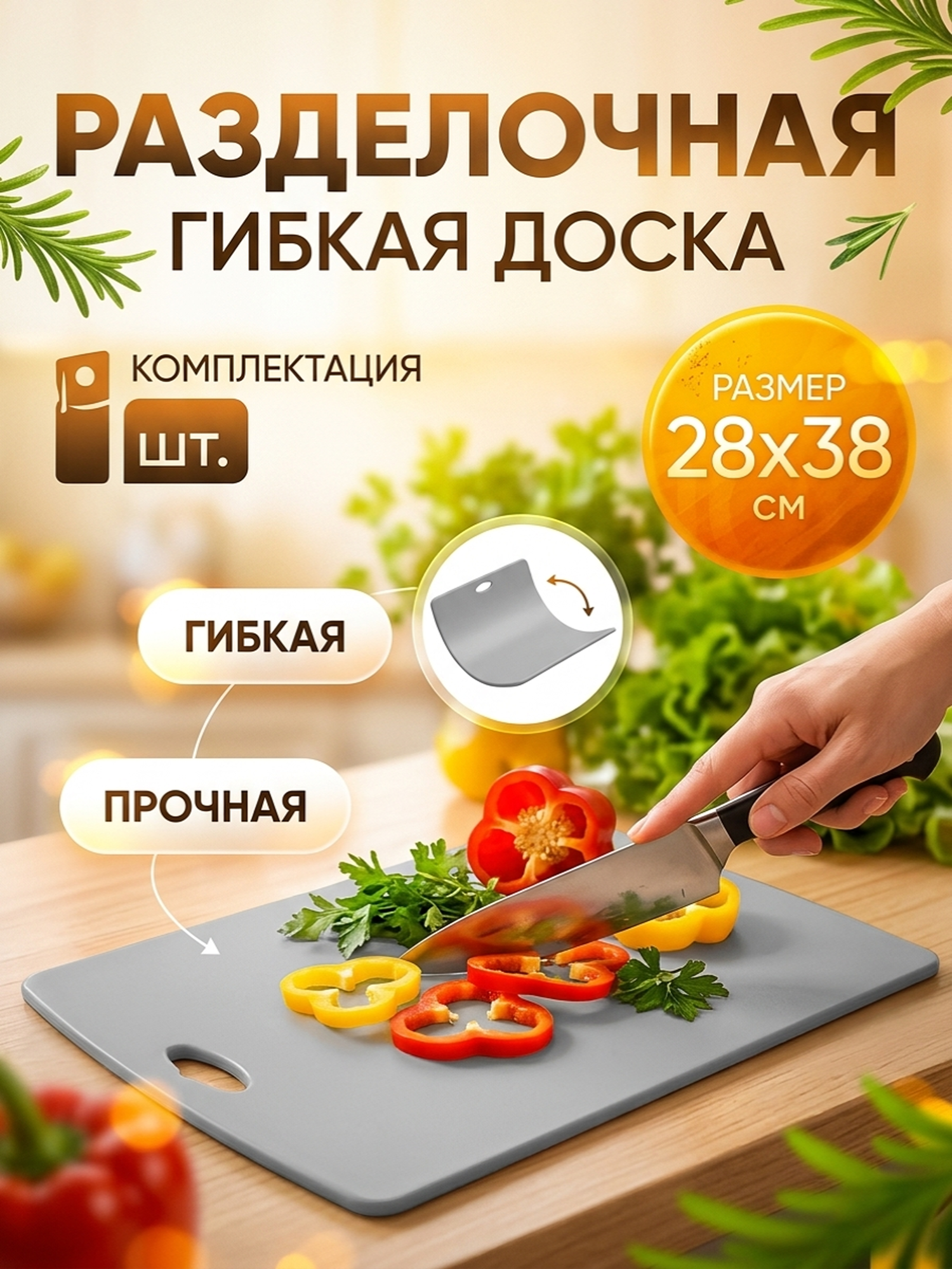Разделочная доска Пластмаркет, полипропилен, гибкая, не впитывает запахи 38x28 см, серая