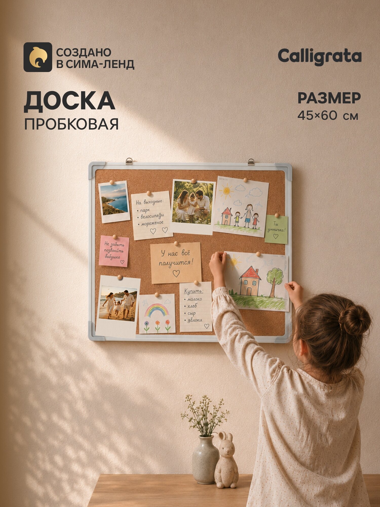 Доска пробковая, 45×60 см, в ПВХ рамке белого цвета, CALLIGRATA
