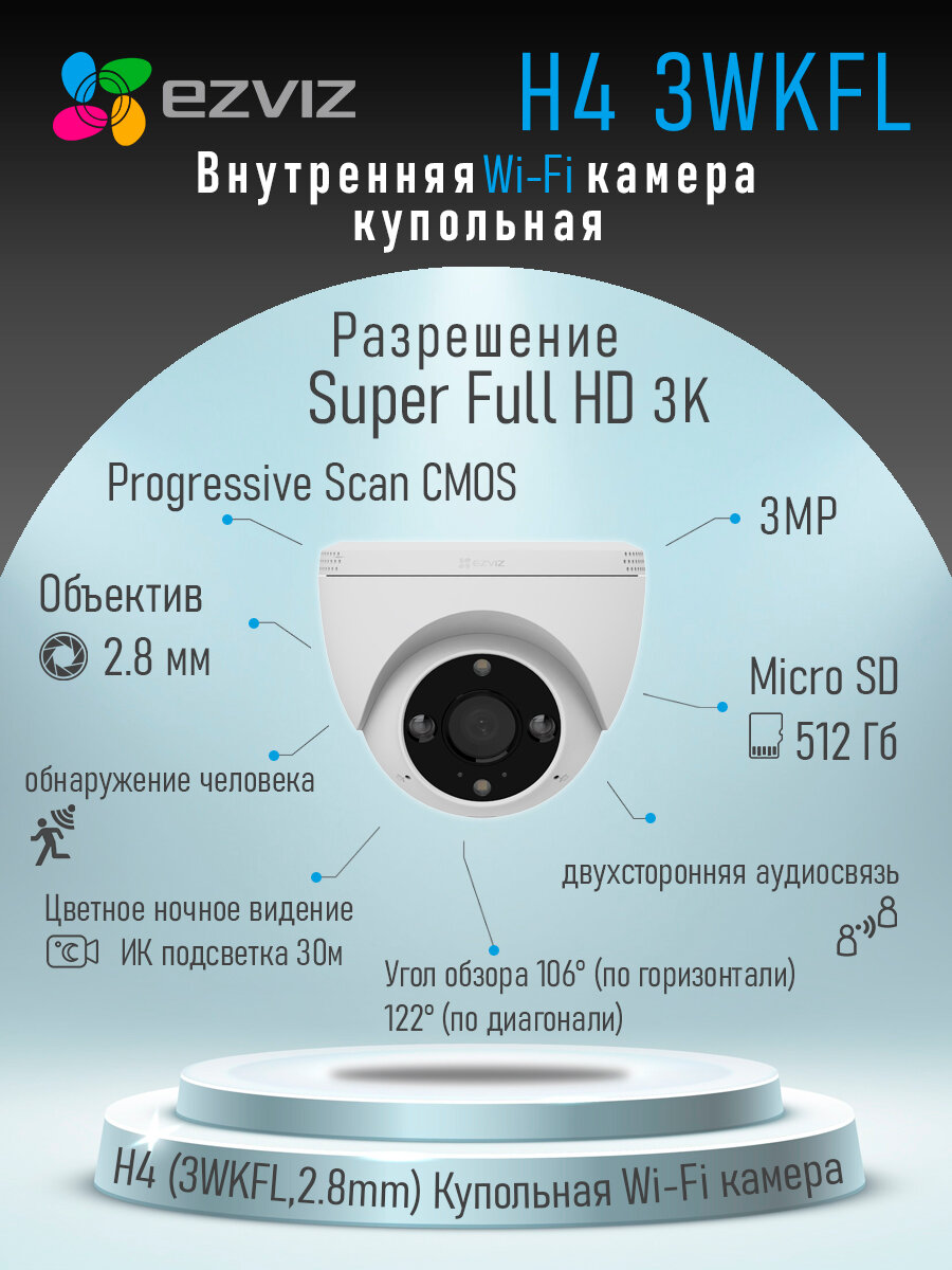 Ezviz купольная WiFi камера видеонаблюдения с обнаружением человека и авто H4 3MP (2.8mm) с двусторонней связью