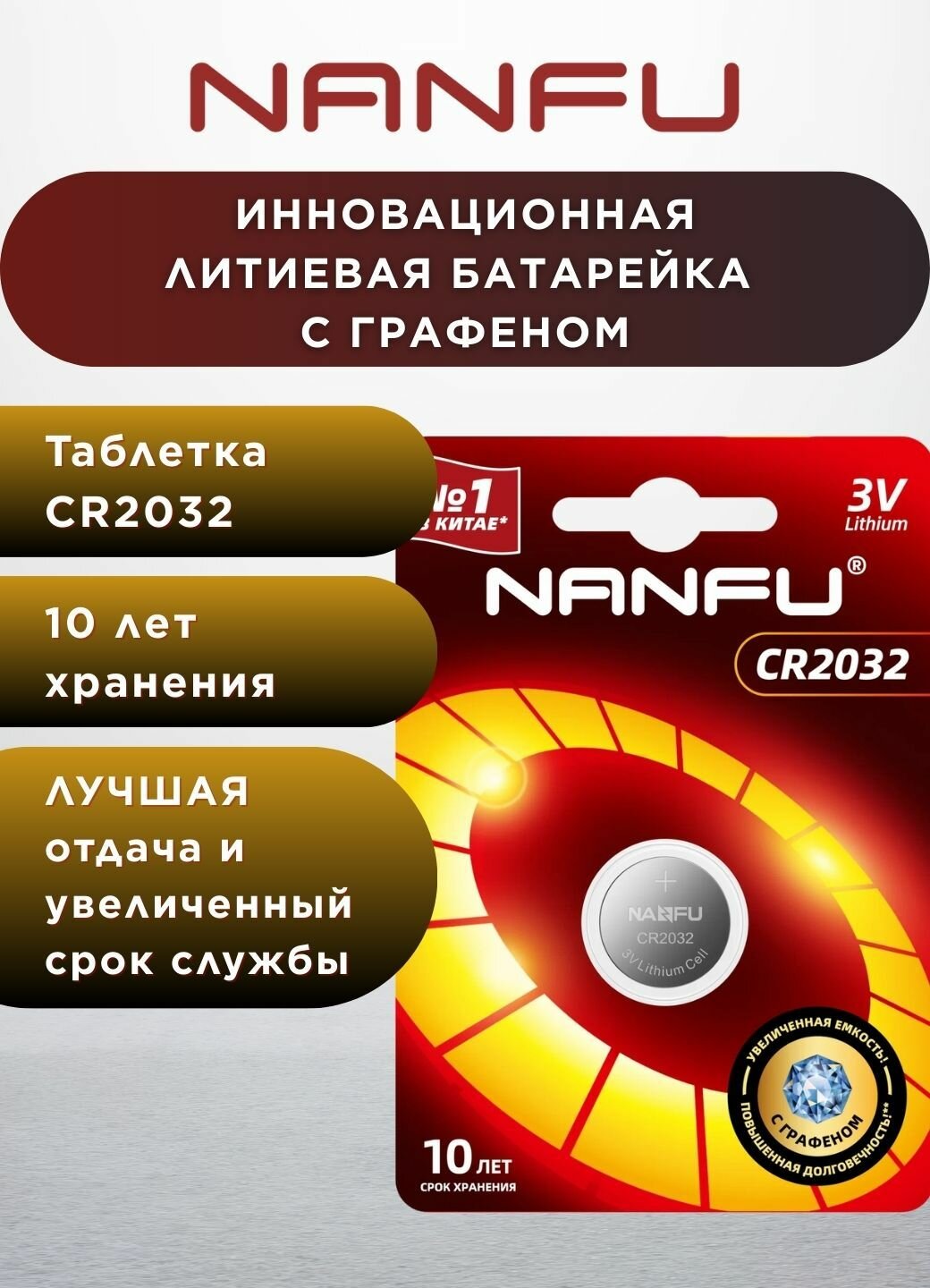 Nanfu Батарейка CR2032, Li (литиевый) тип, 240 мА•ч, 3 В, 1 шт