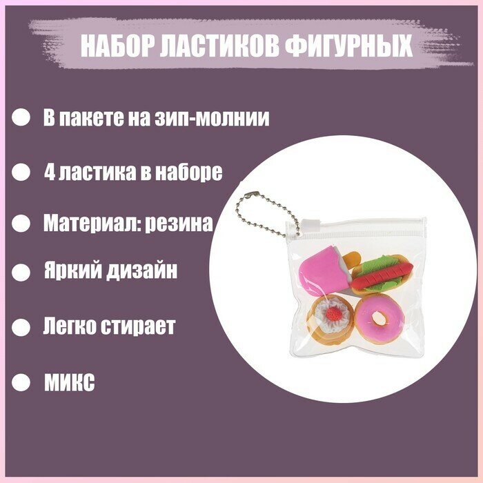 Набор фигурных ластиков "Десерты", 4 штуки, в пакете на зип-молнии, (штрихкод на штуке)