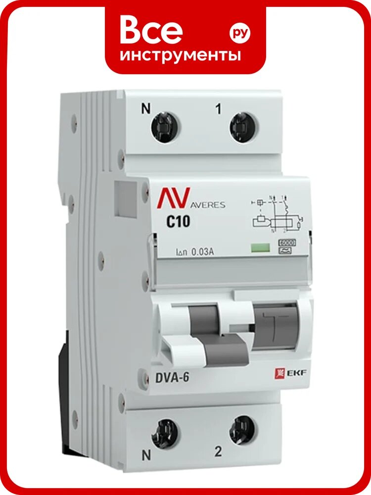 Дифференциальный автомат EKF AVERES DVA-6, 1P+N, 10А (C), 30мА (A) 6кА rcbo6-1pn-10C-30-a-av