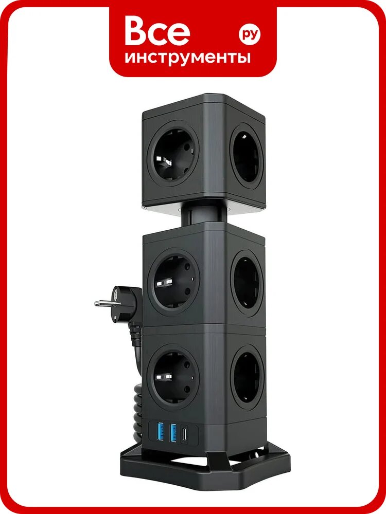 Сетевой фильтр QUMO Power Block System PD1+2 12SP5U P-0003, 13 розеток, 2500 Вт, 10A, кабель 2м 3*1 мм чистая медь, пожаробезопасный пластик, евровилка, 2 USB порта 2,4A + USB-C 30W 42089