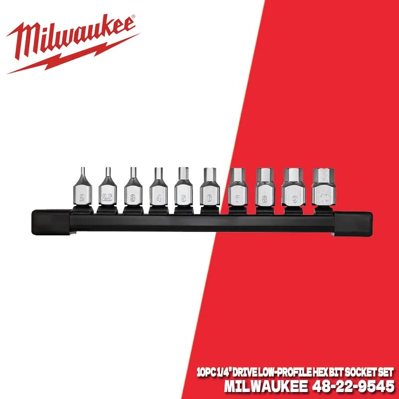 Набор торцевых головок с шестигранным наконечником Milwaukee 48-22-9545 1/4", 10 шт, низкопрофильный, метрический, FOUR FLAT , цельнокованые, для ремонта автомобилей