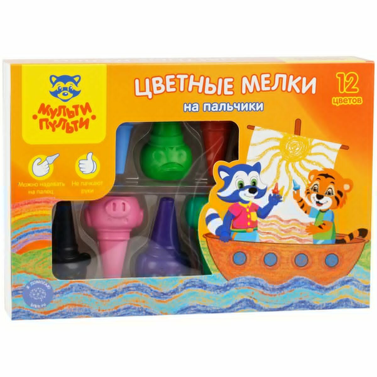 Мелки пластиковые 12 цветов Мульти-Пульти "Зверята", на палец, картон (308912), 12 уп.