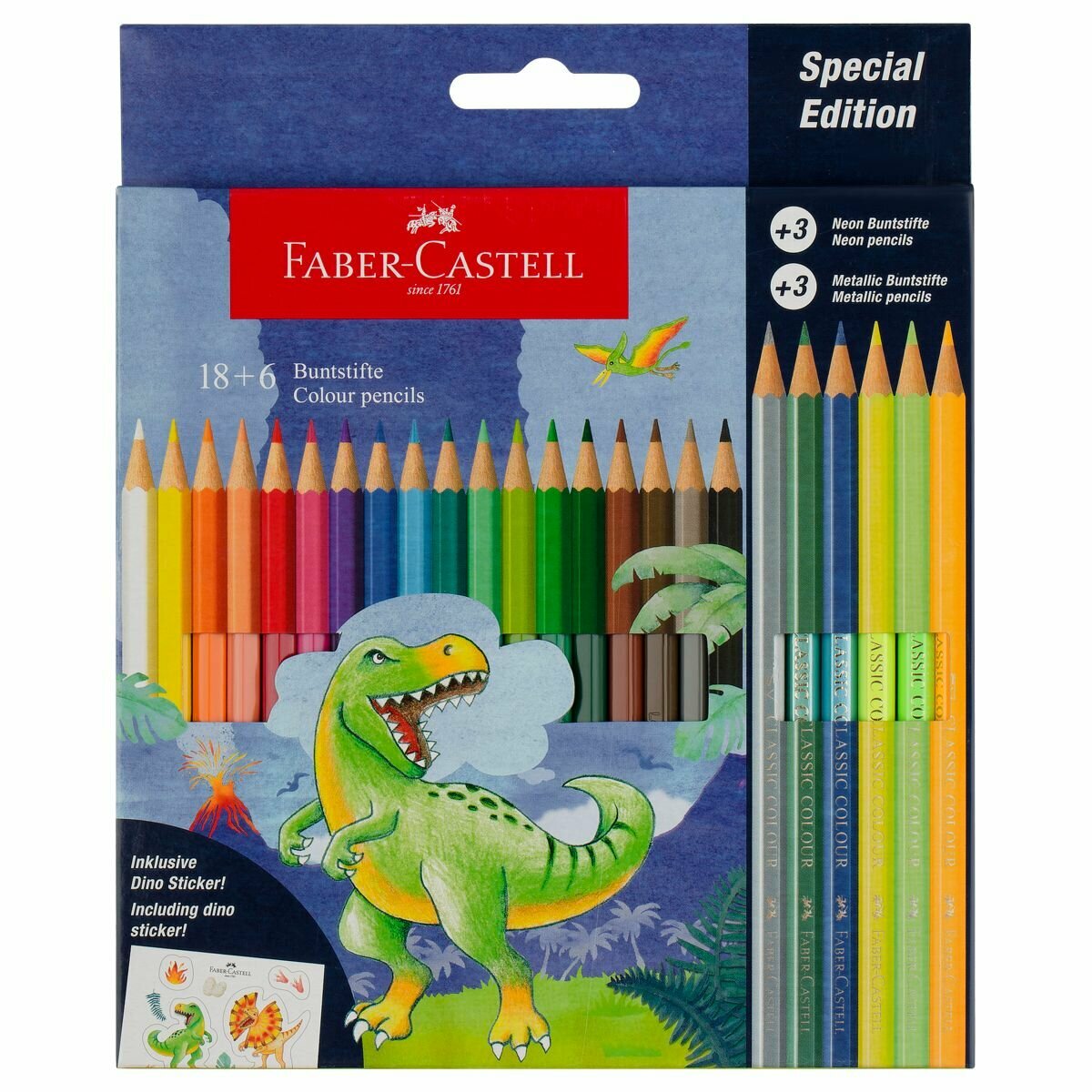 Карандаши цветные 24 цвета Faber-Castell "Dinosaur" (18 + 3 цв. металл. + 3 цв. неон, наклейки) (111222)